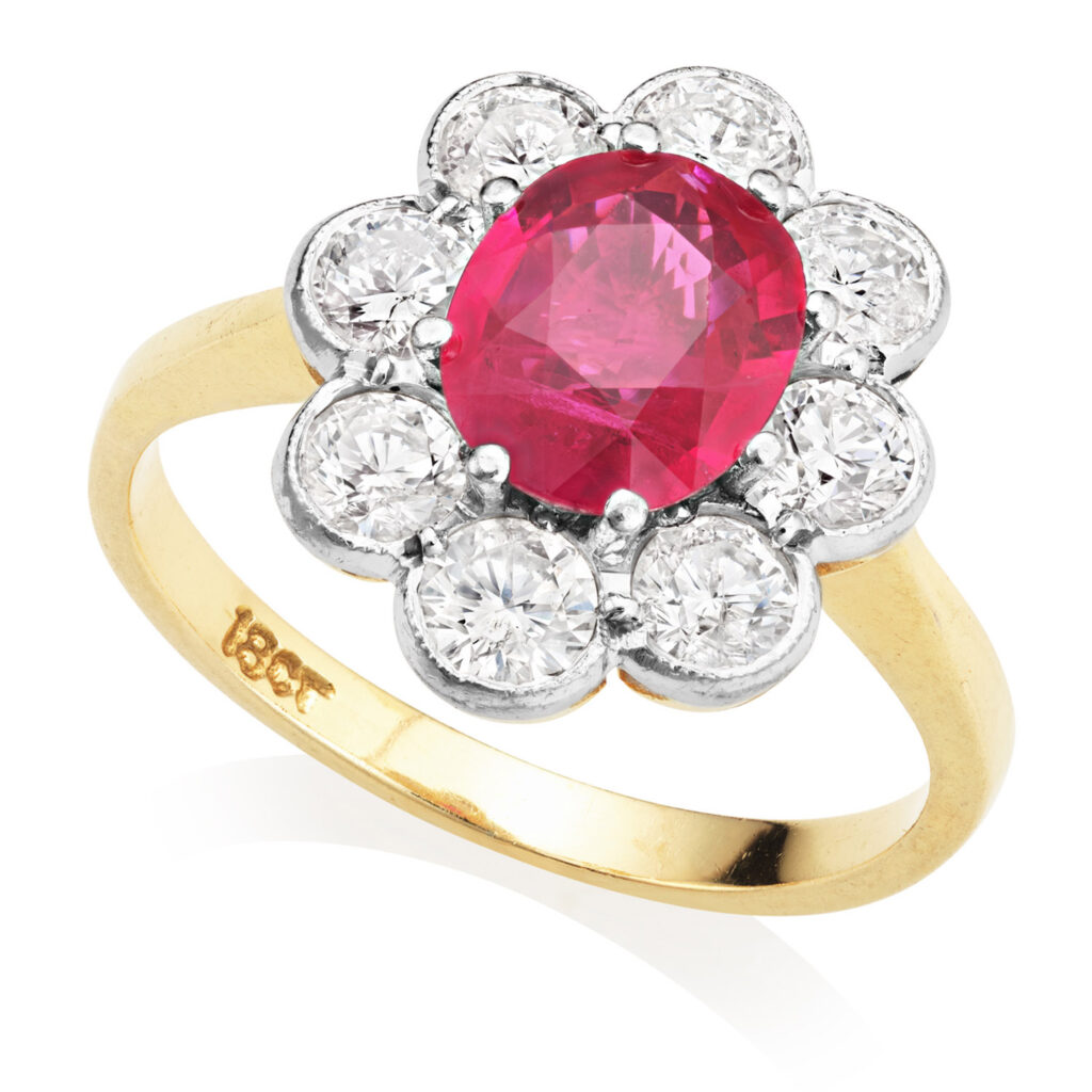 18ct Yellow & White Gold Oval Ruby & Diamond Cluster Ring - H. L. Brown