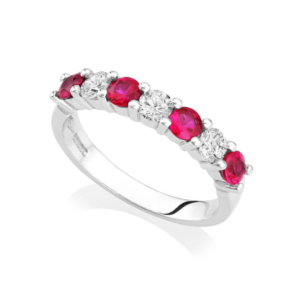 18ct White Gold Seven Stone Ruby & Diamond Half Eternity Ring - H. L. Brown