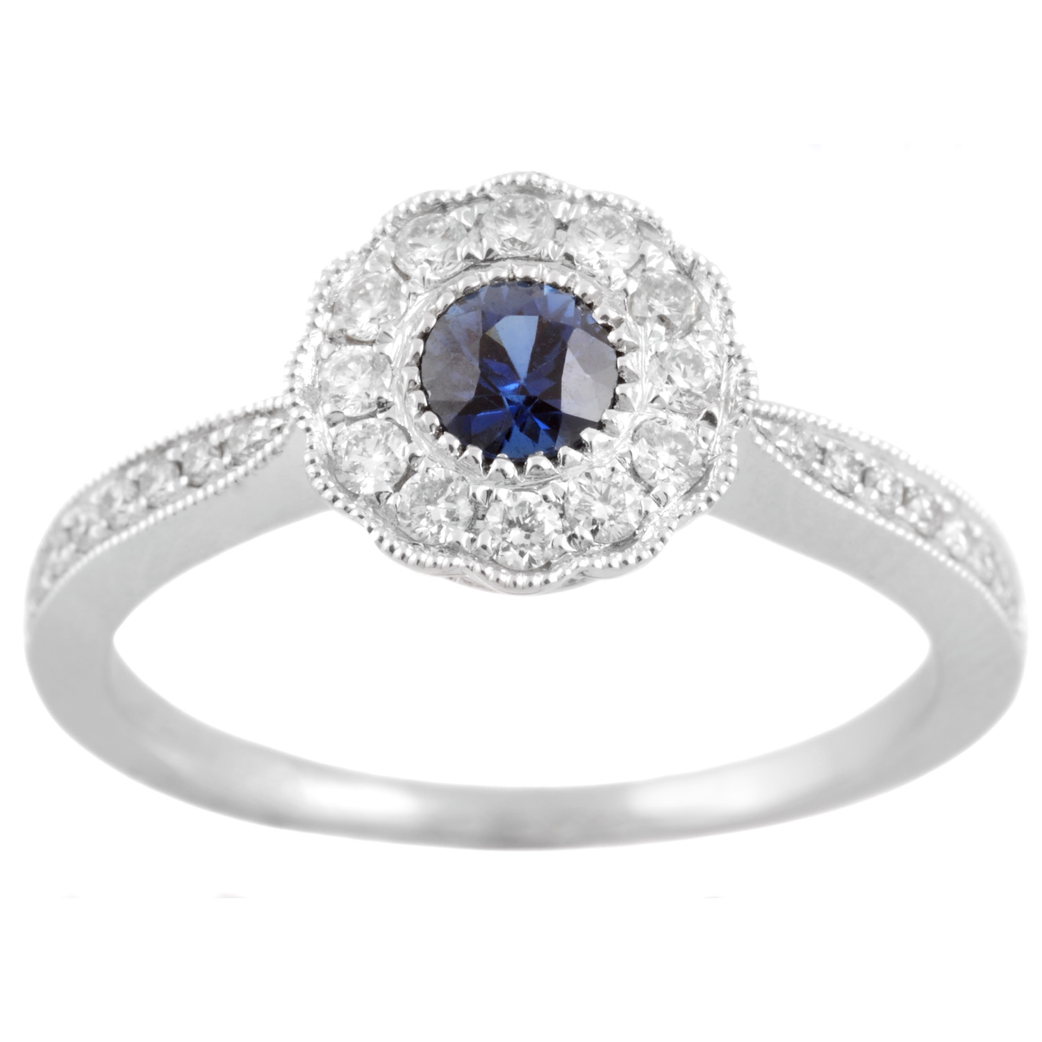 18ct White Gold Sapphire & Diamond Set Millegrain Cluster Ring with ...
