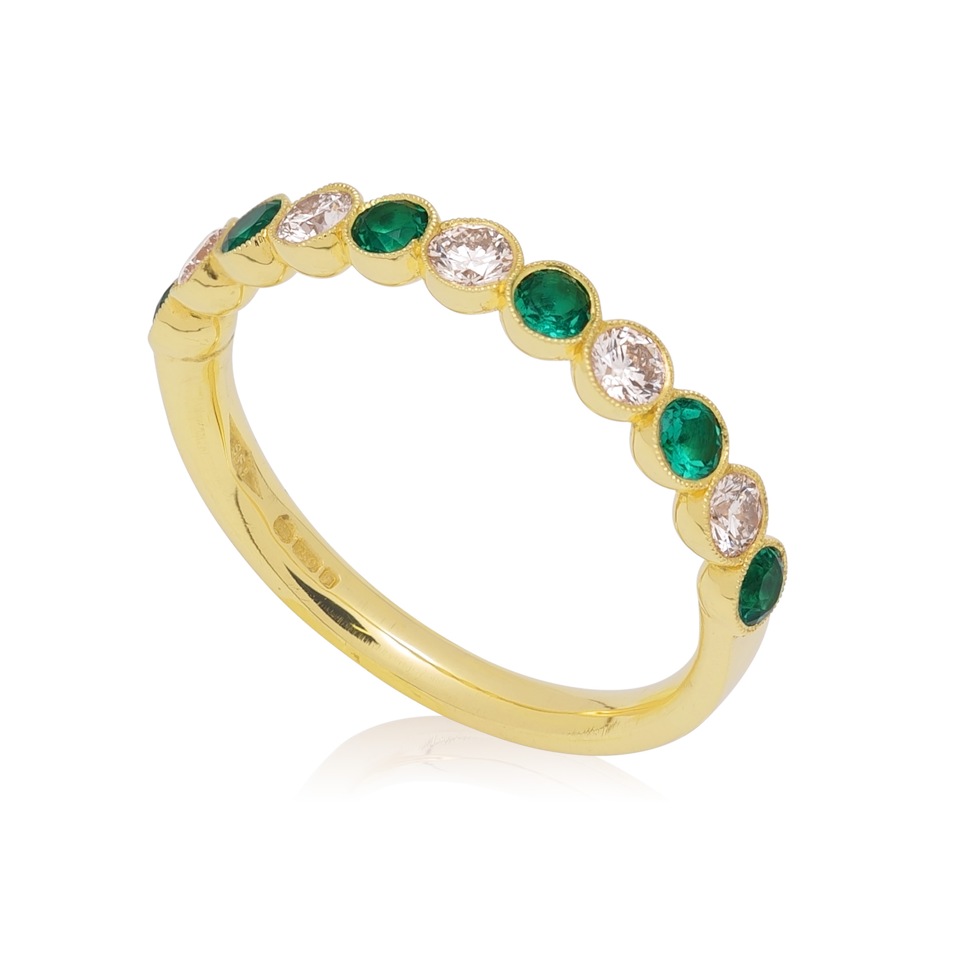 18ct Yellow Gold Millegrain Set Emerald & Diamond Half Eternity Ring ...